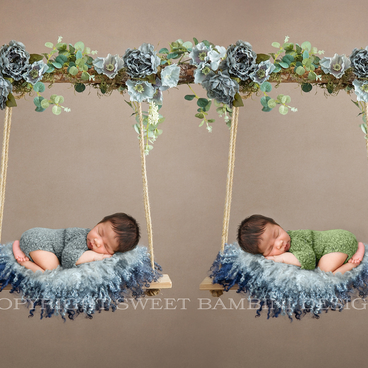 Newborn Digital Backdrop - Twin Wooden floral swings decorated with bl ...